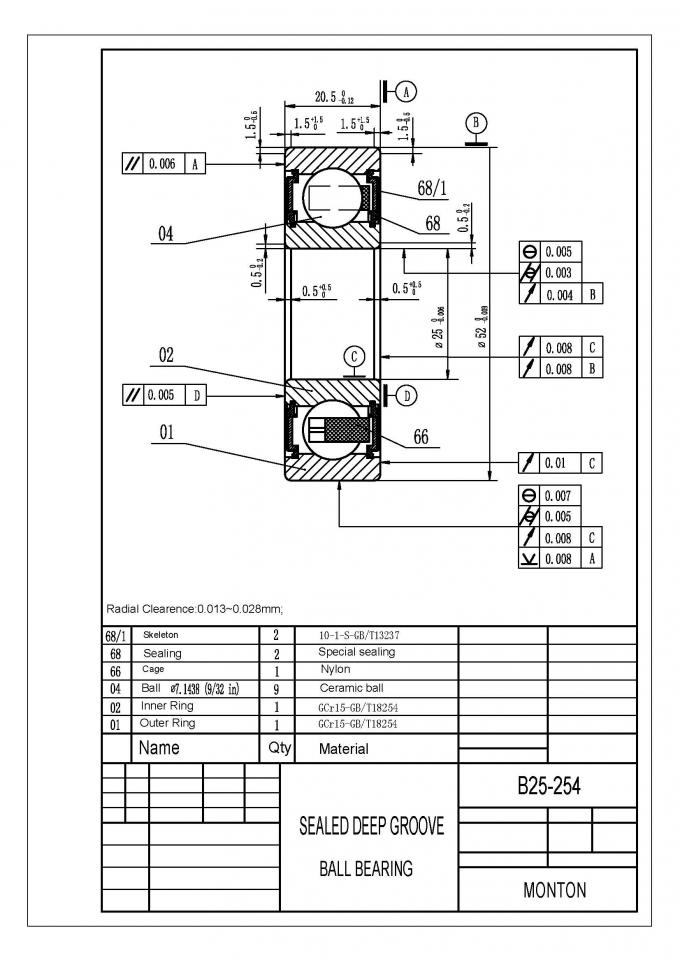 B25-254 Fanuc Motor Ceramic Deep Groove Ball Bearing 25x52x20.5mm